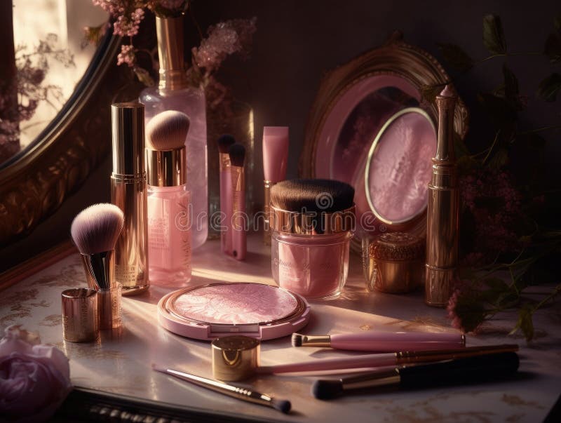 Luxurious Pink Make Up and Perfume Set on the Pink Table. Generative AI ...