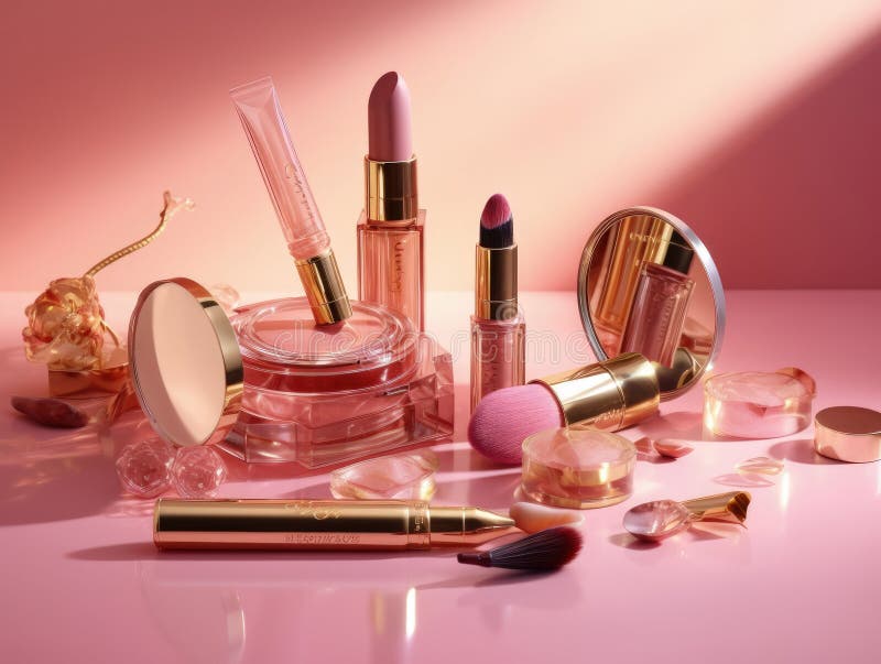 Luxurious Pink Make Up and Perfume Set on the Pink Table. Generative AI ...