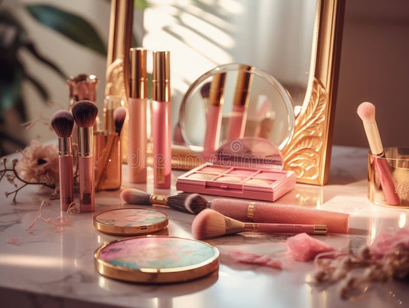Luxurious Pink Make Up and Perfume Set on the Pink Table. Generative AI ...