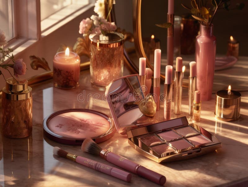 Luxurious Pink Make Up and Perfume Set on the Pink Table. Generative AI ...