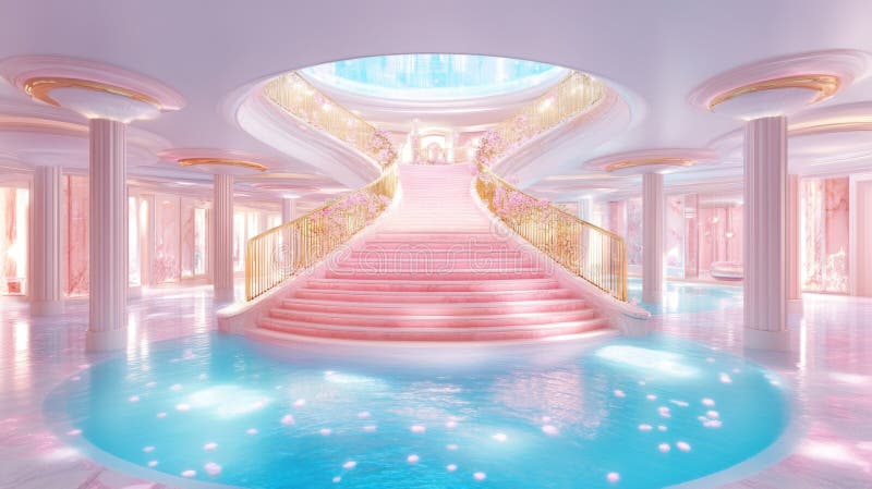 Luxurious Pink Palace Interior with Grand Staircase and Pool Stock ...