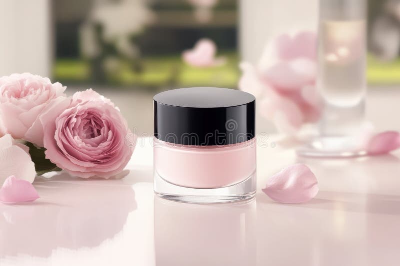 Luxurious Pink Rose-Scented Face Cream Jar on Elegant Reflective ...