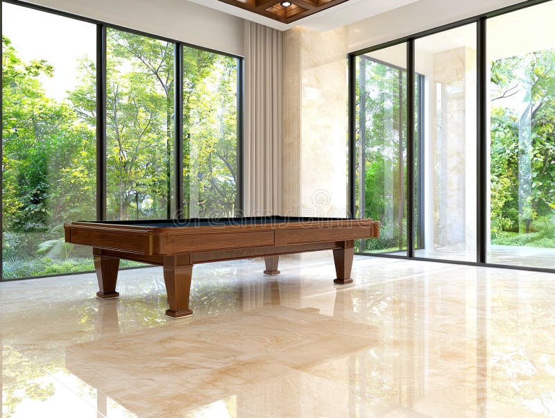 Luxurious Pool Table in a Sunlit Modern Room with Large Windows and ...