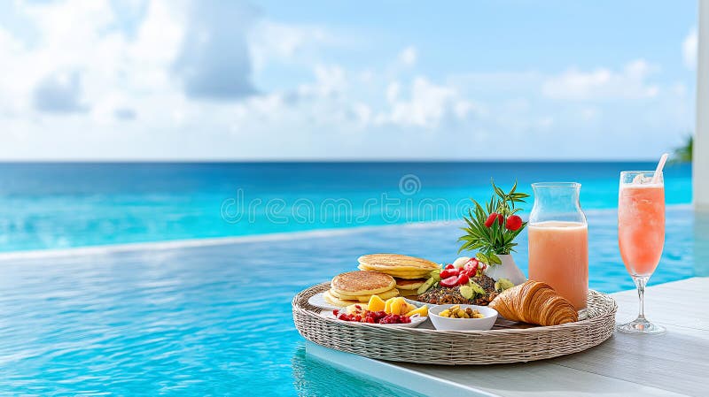 Luxurious Poolside Breakfast with Ocean View in Tropical Paradise Stock ...