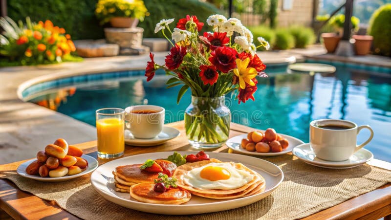 A Luxurious Poolside Breakfast with Pancakes, Fried Egg, Fruit, and ...