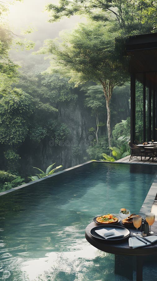 Luxurious Poolside Dining in Lush Tropical Setting Stock Photo - Image ...