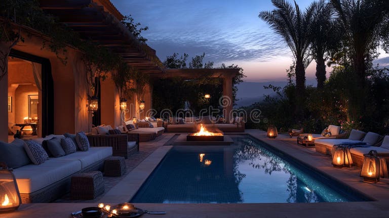 A Luxurious Poolside Lounge with Soft Lighting and a Cozy Fire Pit Area ...
