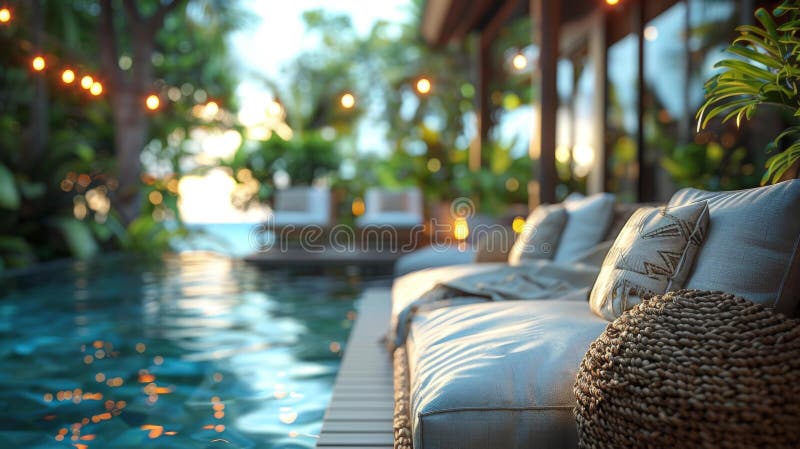 Luxurious Poolside Lounge at Sunset - Generative Ai Stock Illustration ...
