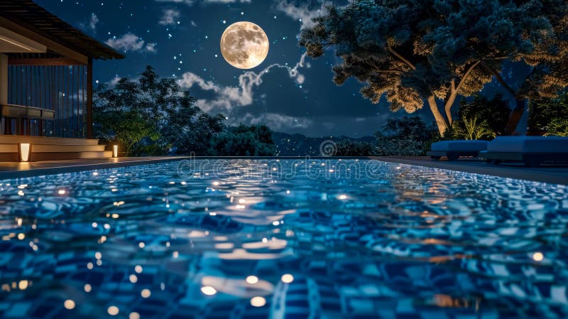 Luxurious Poolside Night Under Full Moon Stock Photo - Image of water ...