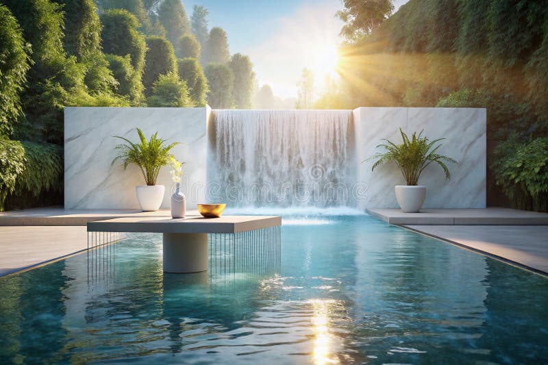 Luxurious Poolside Oasis a Modern Marble Table and Cascading Waterfall ...