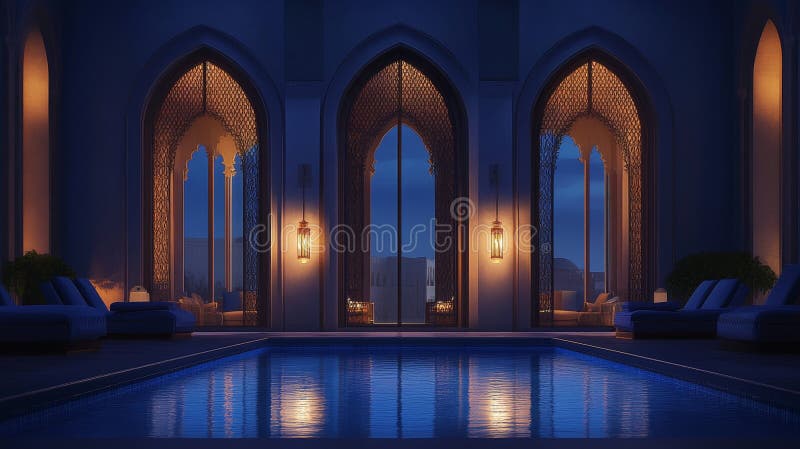 A Luxurious Poolside Setting is Characterized by Red Neon, Arched ...