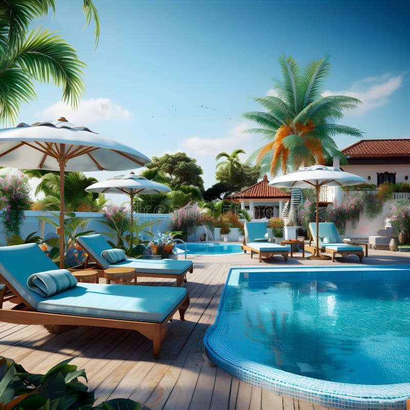 Luxurious poolside setting stock illustration. Illustration of summer ...
