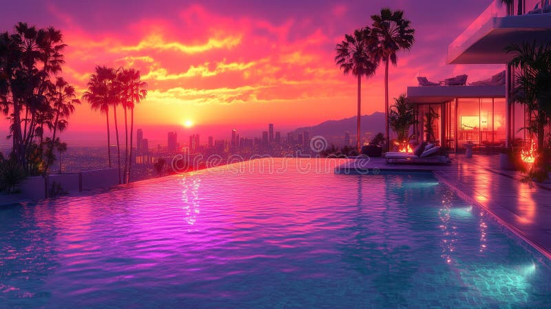 A Luxurious Poolside View at Sunset with Palm Trees and a City Skyline ...