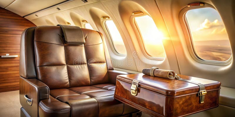 Luxurious Private Jet Cabin Interior with Sunset View and Leather ...