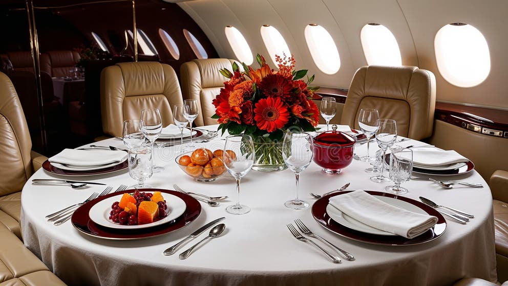 Luxurious Private Jet Dining Setup with Elegant Table Setting Stock ...