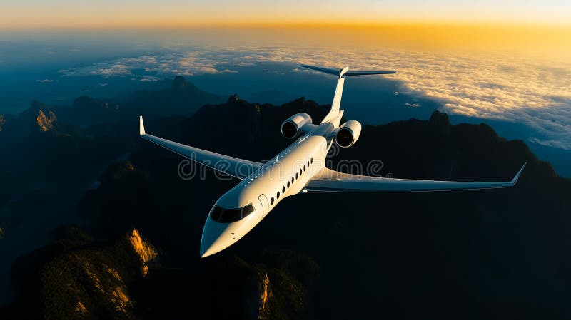 Luxurious Private Jet Flying Over Scenic Mountain Landscape at Sunset ...