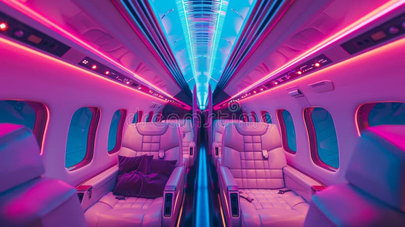 Luxurious Private Jet Interior with Ambient Neon Lights and Plush White ...