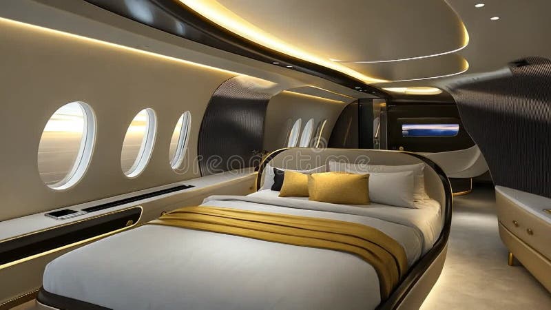 Luxurious Private Jet Interior with a Bedroom, Multiple Windows and ...