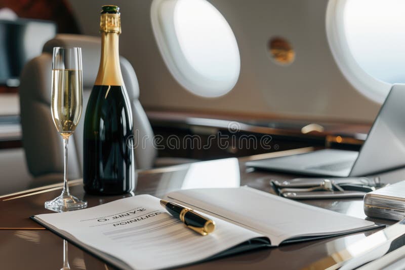 Luxurious Private Jet Interior with Champagne Bottle, Glass, and Open ...