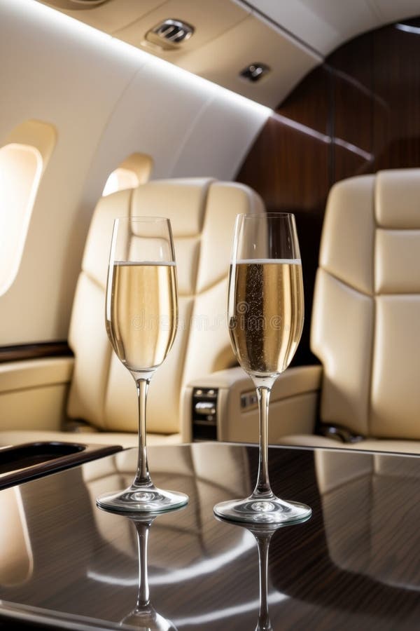 Luxurious Private Jet Interior with Champagne Glasses. Stock Photo ...