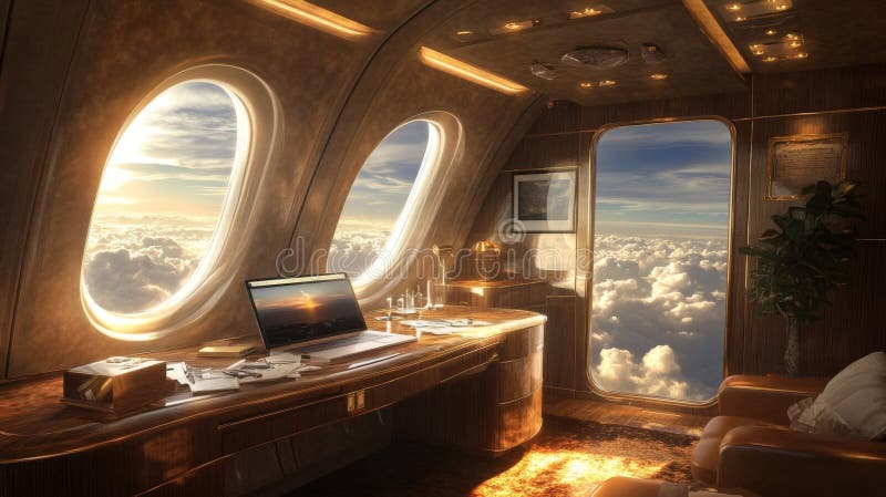 Luxurious Private Jet Interior with Desk, Laptop, and Cloud Views Stock ...