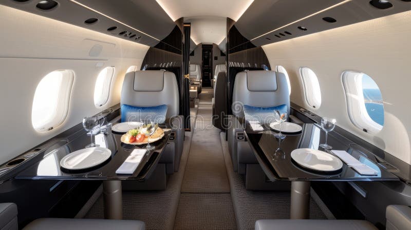 Luxurious Private Jet Interior with Elegant Seating and Fine Dining ...
