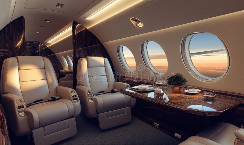 Luxurious Private Jet Interior Elegant Seating Panoramic Windows Sunset ...
