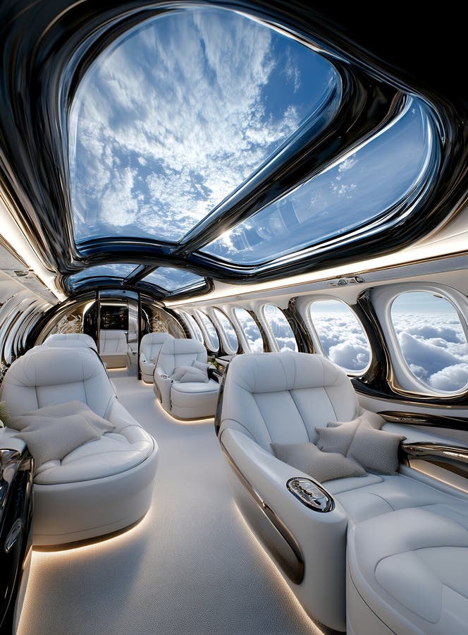 Luxurious Private Jet Interior with Spacious Seating, Large Skylights ...