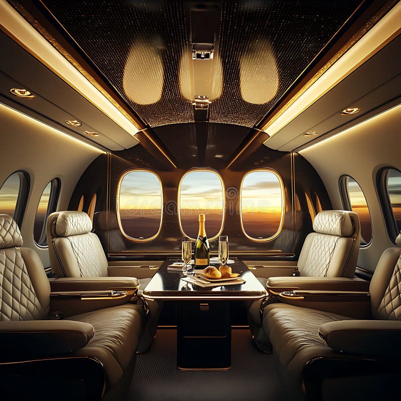 Luxurious Private Jet Interior with Sunset View, White Isolate ...