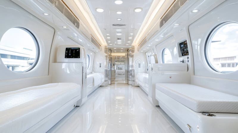 Luxurious Private Jet Interior with White Modern Design and Circular ...