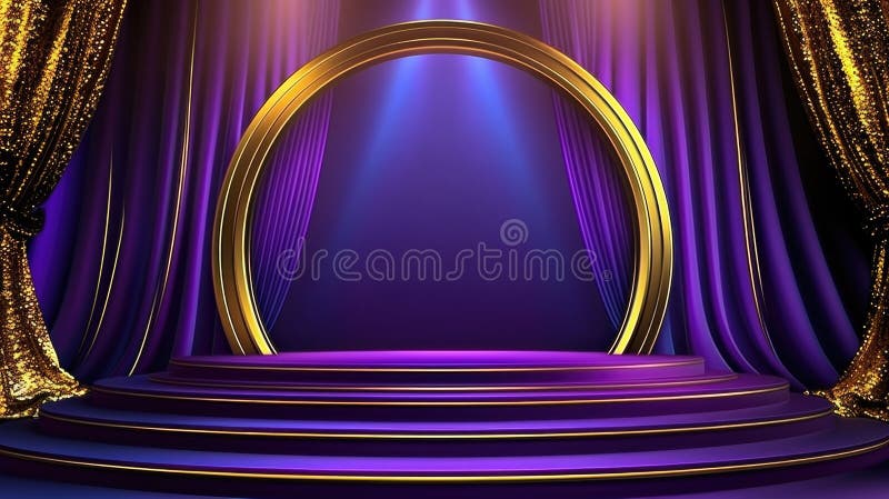 Luxurious Purple and Gold Stage with Circular Frame and Velvet Curtains ...