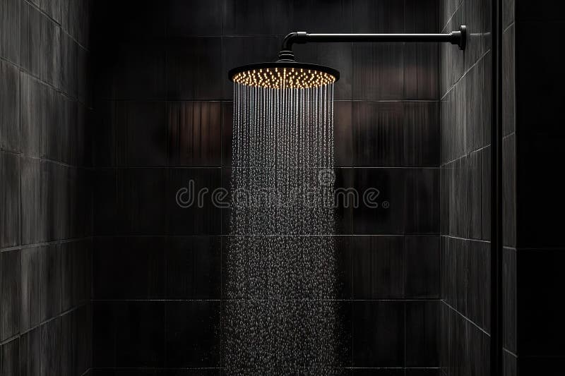 Luxurious Rainfall Showerhead in Modern Black Tile Bathroom Stock Image ...