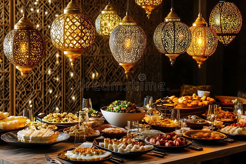 Luxurious Ramadan Iftar Feast Golden Lanterns & Delicious Dishes Stock ...