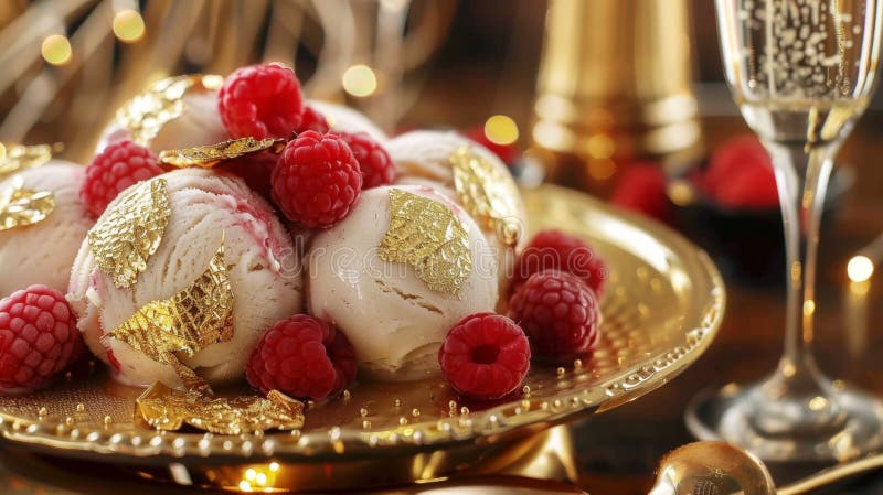 Luxurious Raspberry Ice Cream with Gold Leaf on Elegant Plate Stock ...