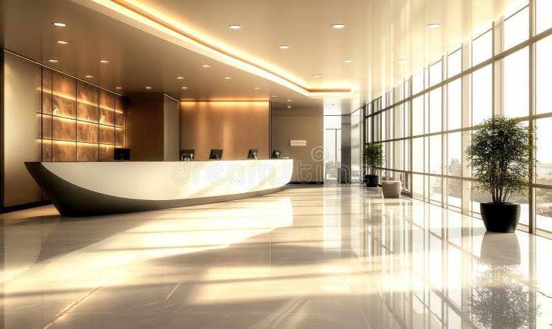 Luxurious Reception with a Curved Desk, Golden Lighting, and Large ...