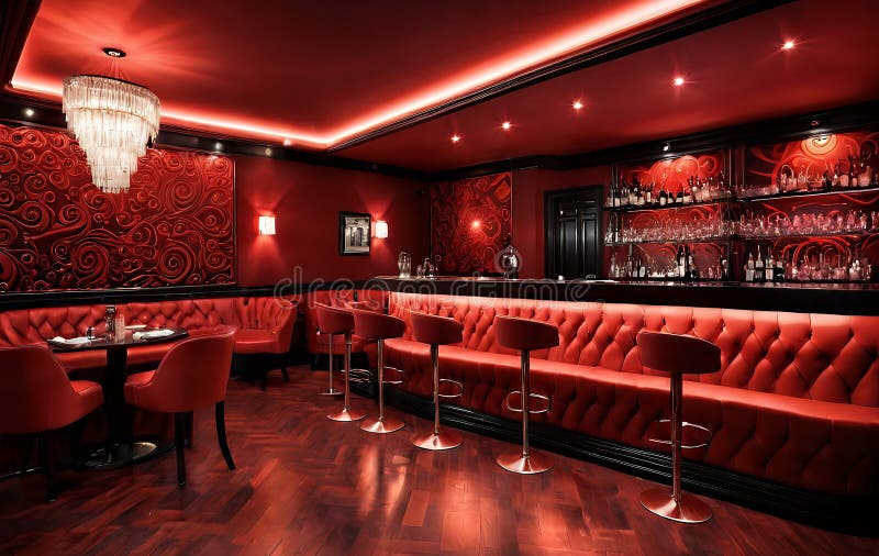 Luxurious Red Bar Interior with Seating, Lighting, and Liquor Display ...