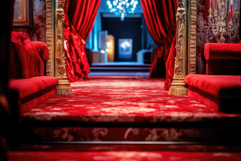 Luxurious Red Carpet Hallway with Elegant Drapes and Chandeliers Stock ...