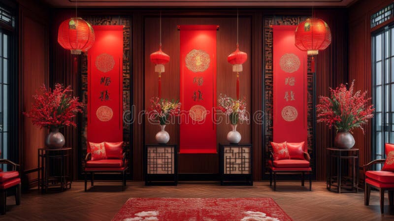 Luxurious Red Chinese Room Decorated for Celebration Stock Illustration ...