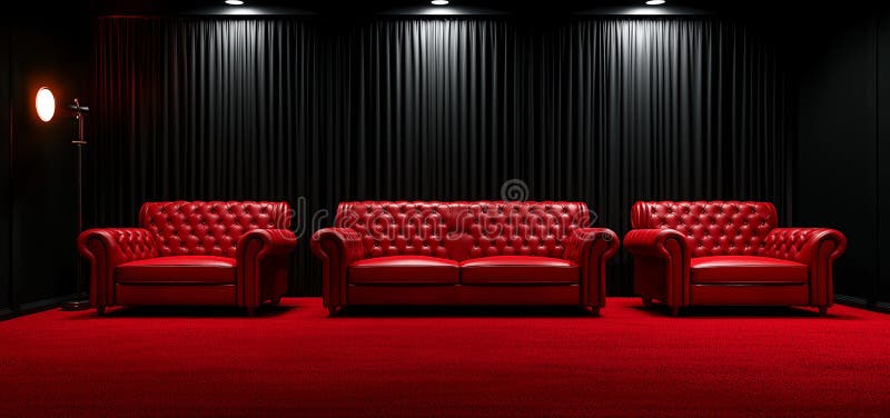 Luxurious Red Cinema Style Lounge Room Featuring Three Leather Sofas ...
