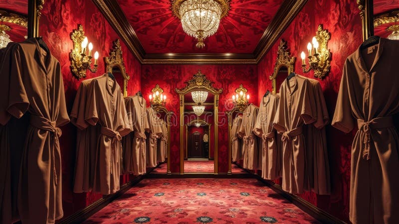 Luxurious Red Dressing Room with Elegant Robes and Ornate Mirrors Stock ...