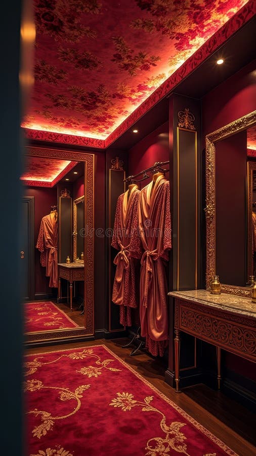Luxurious Red Dressing Room Elegant Robes Ornate Mirrors Opulent ...