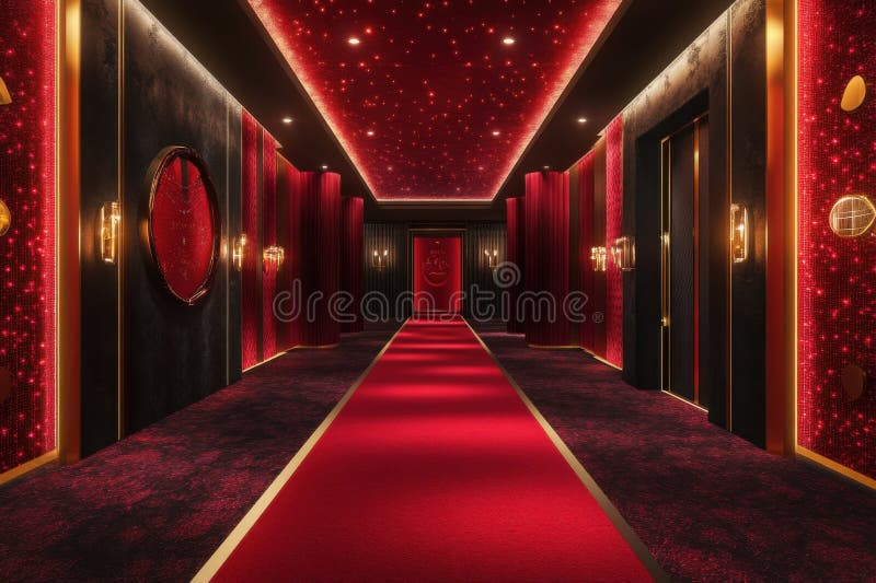 Luxurious Red Hotel Corridor Stock Image - Image of color, architecture ...