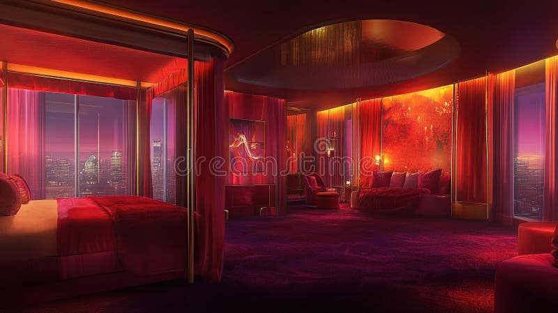 Luxurious Red Penthouse Suite, City View, Night Stock Photo - Image of ...