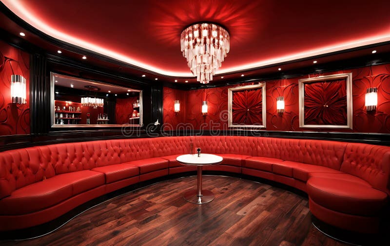 Luxurious Red Room with Curved Seating, Chandelier, and Microphone ...
