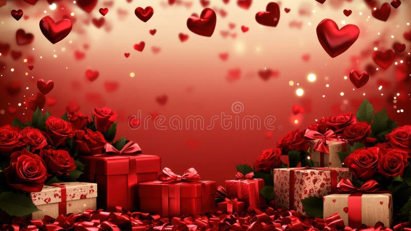 Luxurious Red Roses, Gift Boxes, and Heart Shaped Confetti Create ...