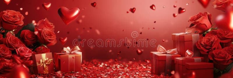 Luxurious Red Roses, Gift Boxes, and Heart Shaped Confetti Create ...
