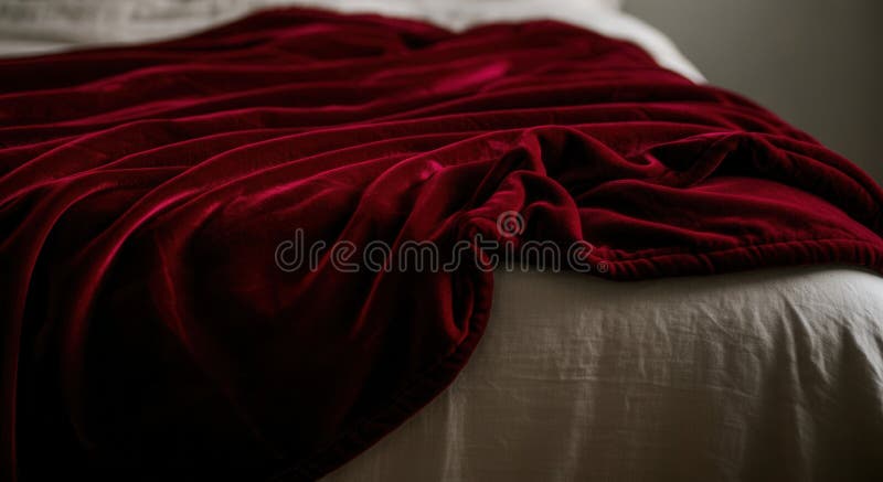 Luxurious Dark Red Cherry Velvet Blanket on Bed in Cozy Bedroom Setting ...