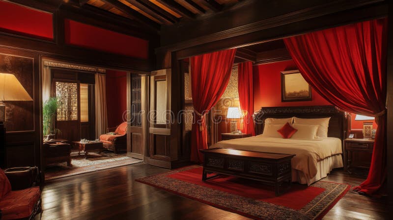 Luxurious Red and Wood Bedroom Interior with Canopy Bed Stock ...