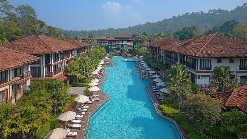 Luxurious Resort Complex with a Long, Winding Pool, Nestled Amidst Lush ...