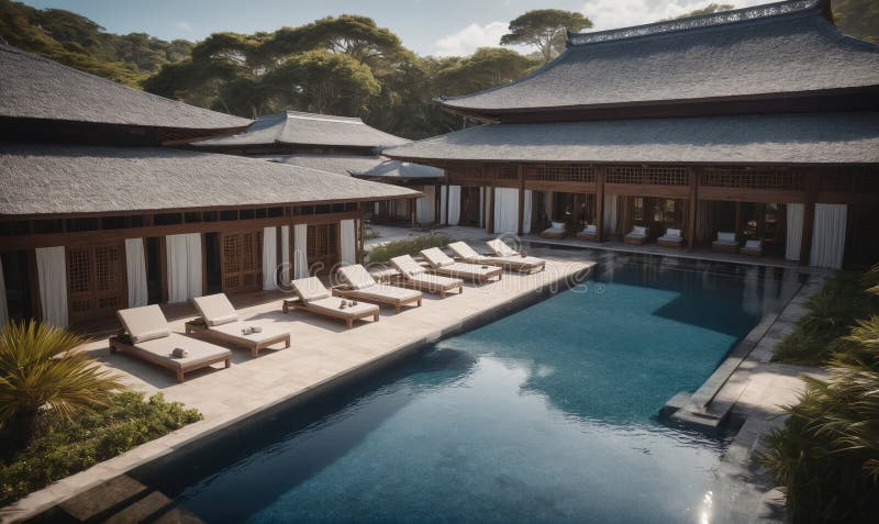 A Luxurious Resort Pool with Lounge Chairs and a Large, Modern Building ...